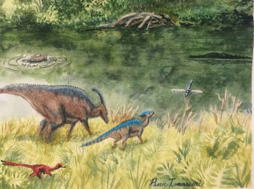 Parasaurolophus Family by the Lake, Fine Art Print, Dinosaurs, Paleoart ...