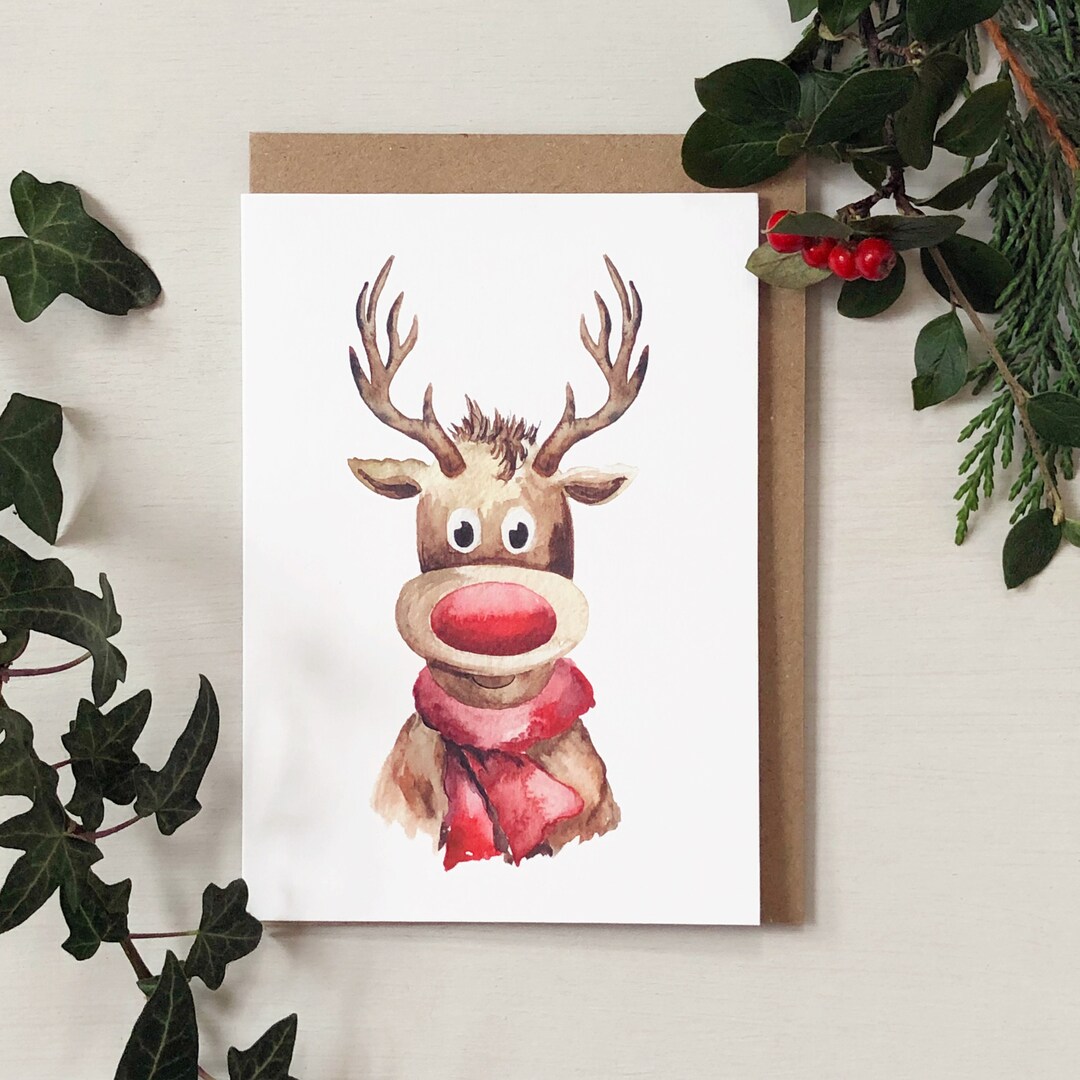 Red Nosed Reindeer Christmas Card - Etsy
