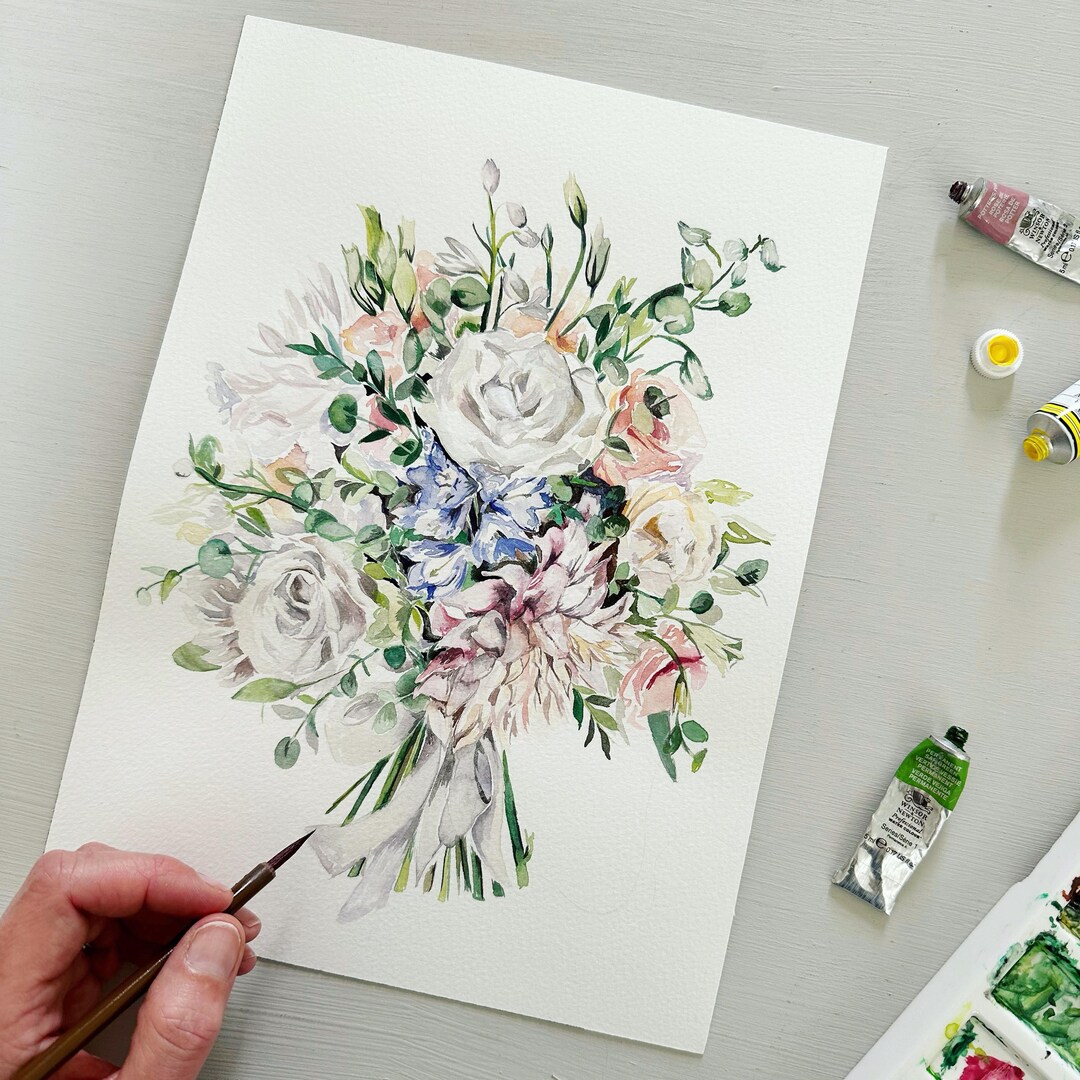 Original Hand-painted Bridal Wedding Bouquet Portrait - Etsy