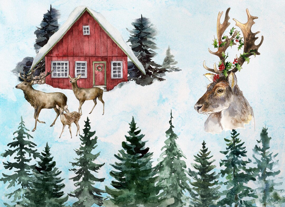 62_red Barn, Pine Trees Buck, Watercolor, Christmas, Beautiful Deer ...