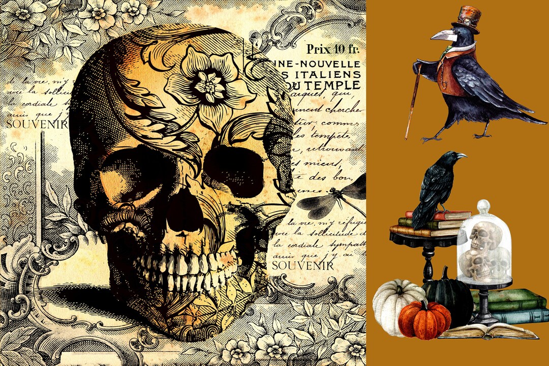 39_halloween Sugar Skulls and Crows Decoupage Tissue Paper, Decoupage ...