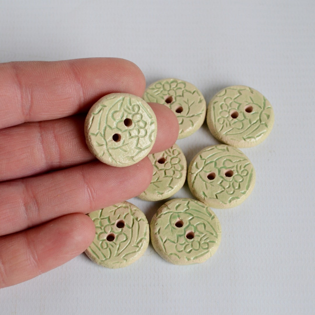 Textured Floral Buttons Set of 4 Pieces. Handmade Ceramic Light Green ...