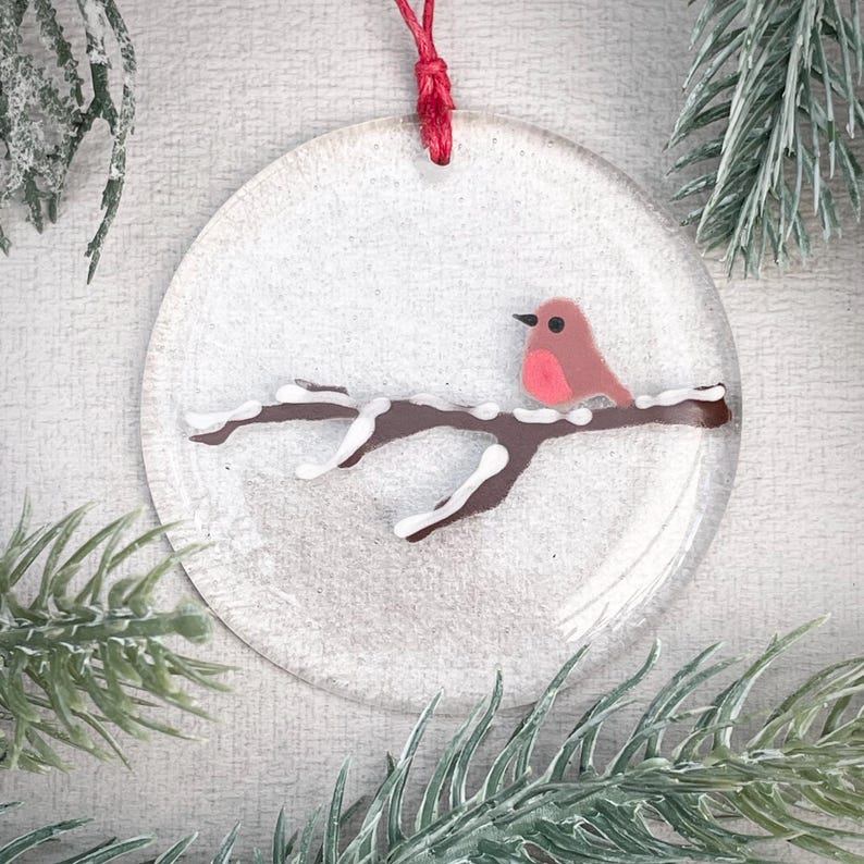 Glass Christmas Tree Decoration - Snowy Branch Robin - Round Hanger ...