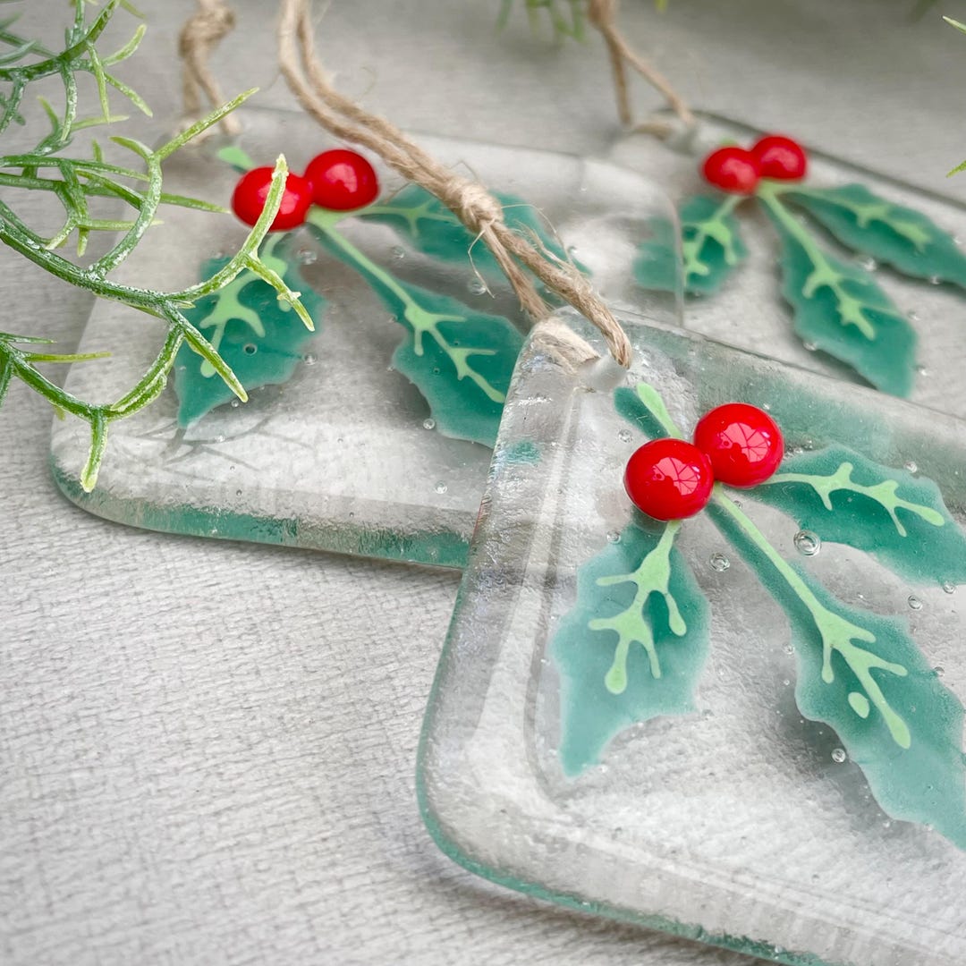 Holly Sprig ~ Handmade Fused Glass Christmas Tree Decoration ~ Square ...