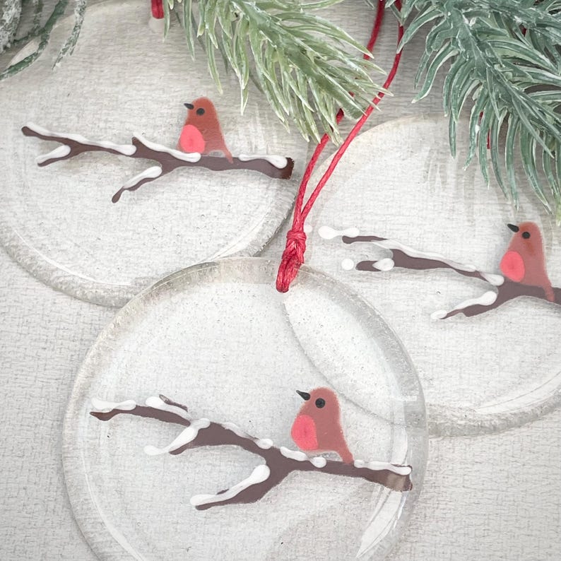 Glass Christmas Tree Decoration - Snowy Branch Robin - Round Hanger ...