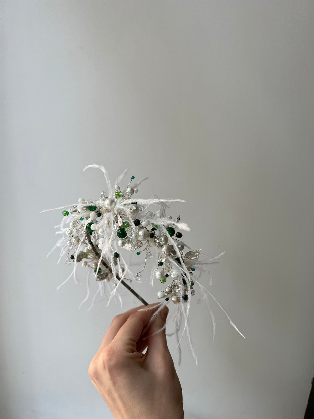 Feather Bridal Crown Emerald Crown White Tiara Bridal Crown Ostrich ...