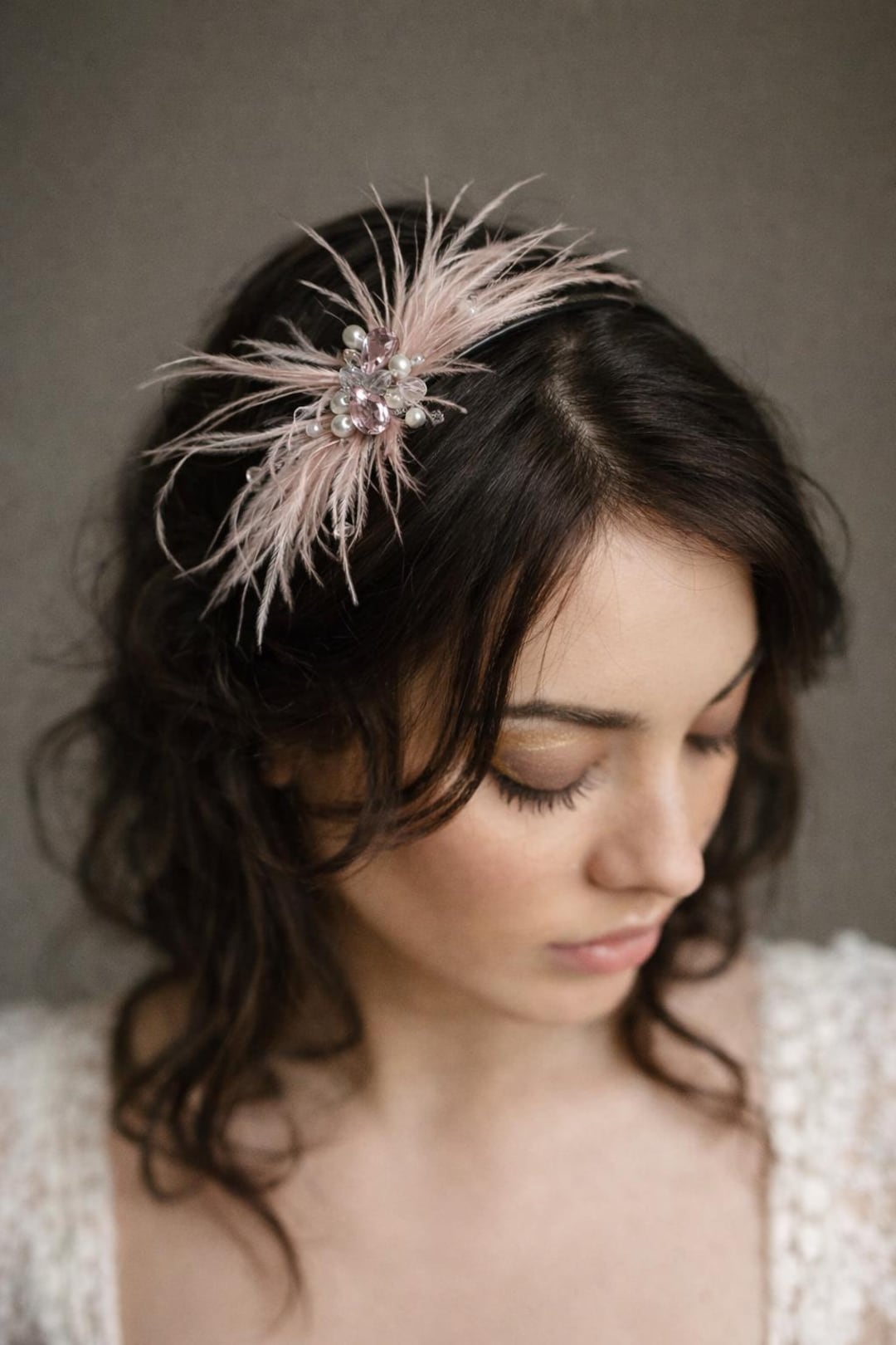 Dusty Pink Feather Hair Comb: Pearls, Crystals, Boho Wedding Accessory ...
