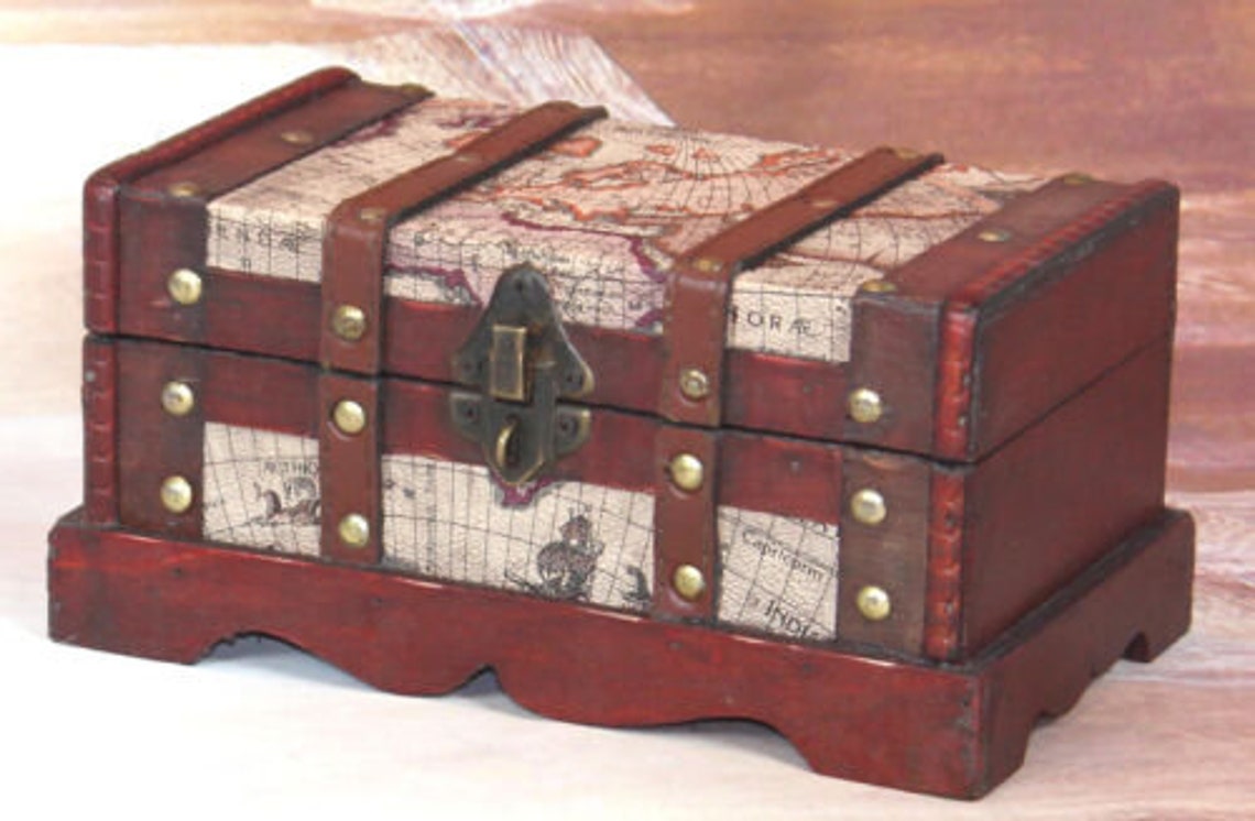 Wooden Treasure Chest With Map Printed Leather Available in - Etsy