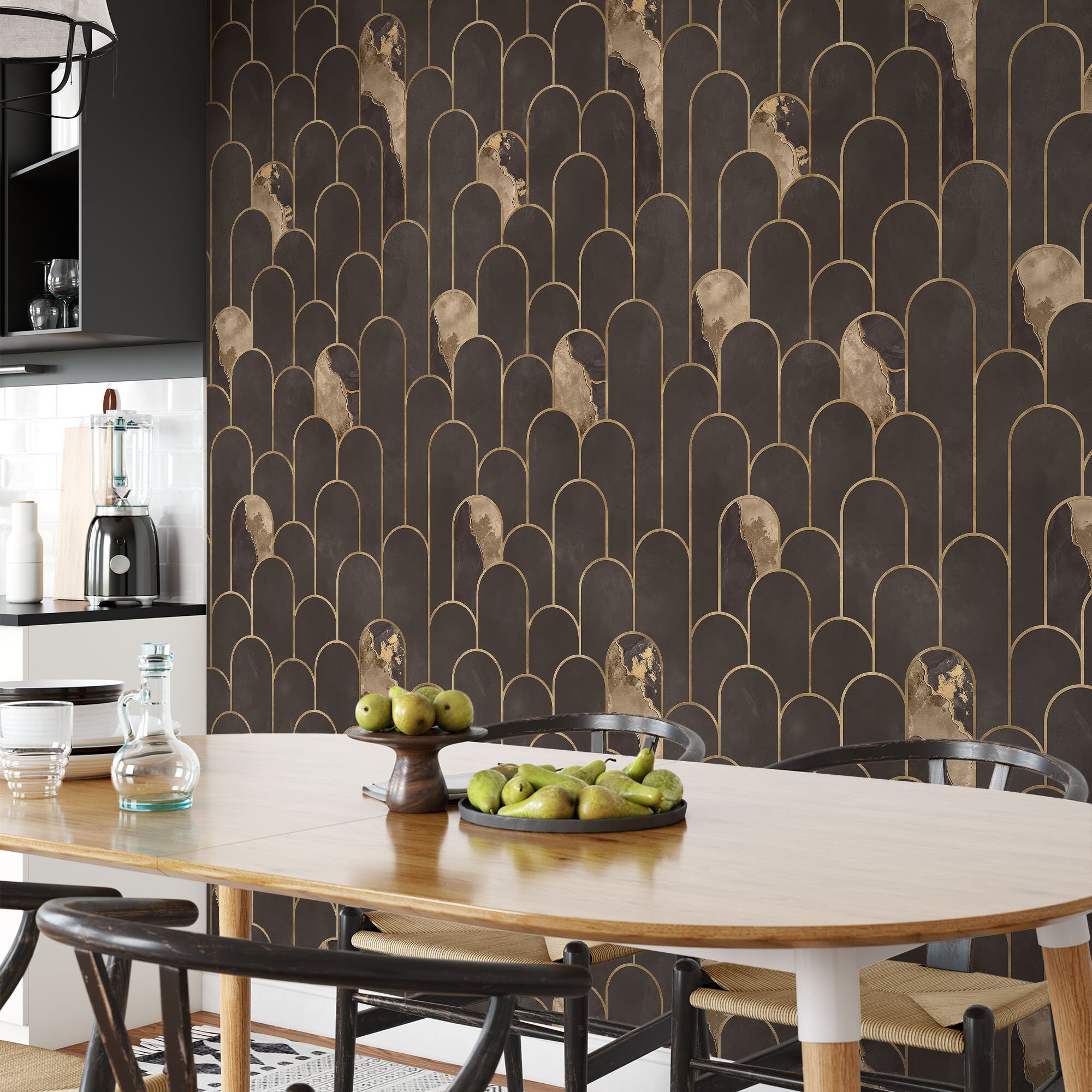 Taupe and Pale Gold Wallpaper, Art Deco Arches Wallpaper. Wenge, Black ...