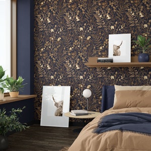 Pale Brown and Dark Blue Forest Wallpaper, Vintage Botanical Forest ...
