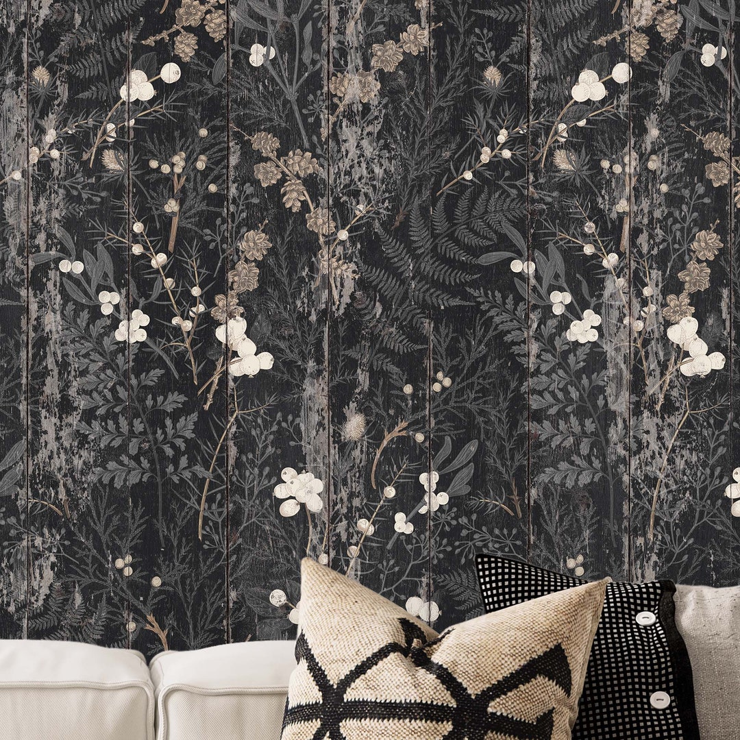 Dark Gray Vintage Forest Rustic Wood Background Wallpaper, Fern Print ...