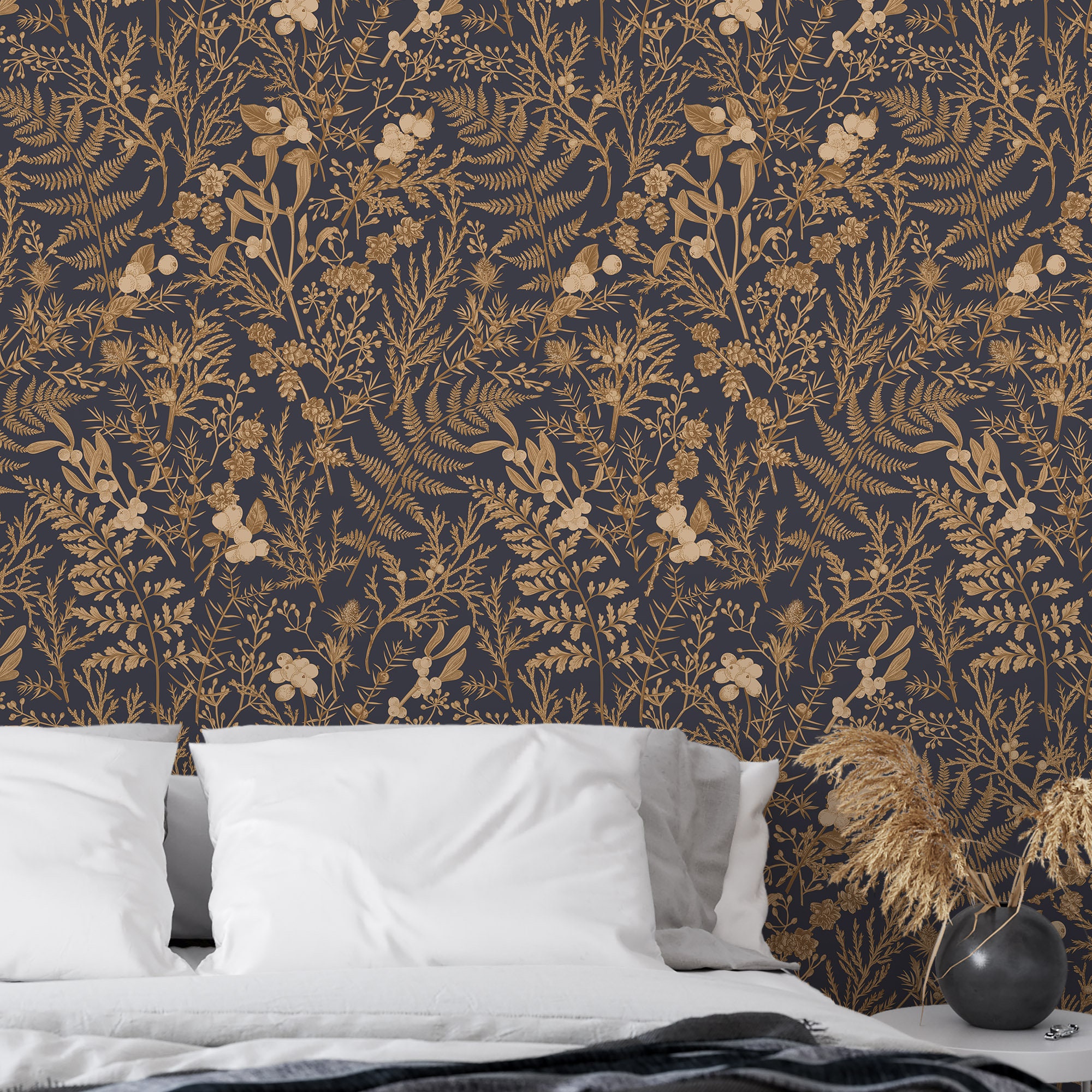 Pale Brown and Dark Blue Forest Wallpaper, Vintage Botanical Forest ...