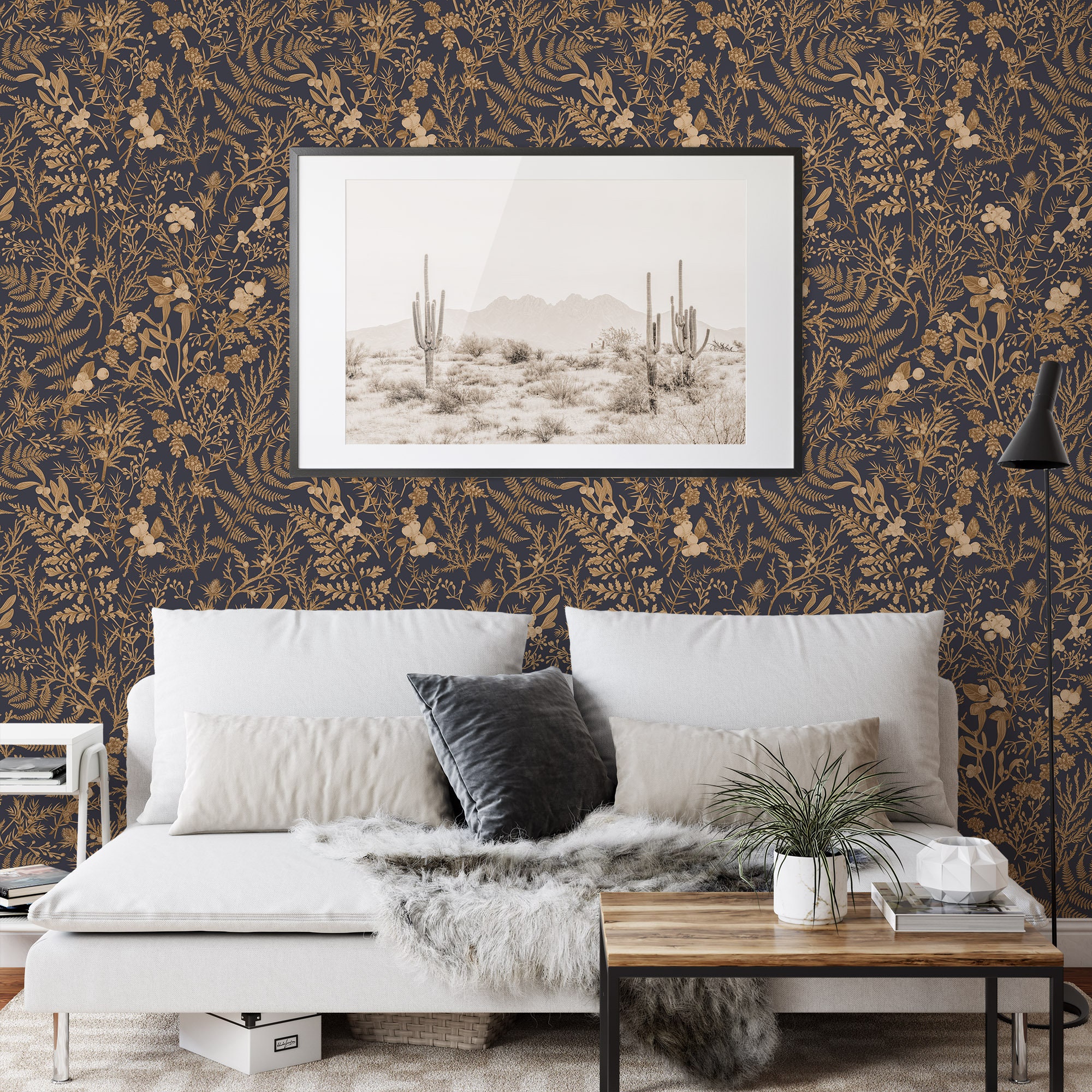 Pale Brown and Dark Blue Forest Wallpaper, Vintage Botanical Forest ...