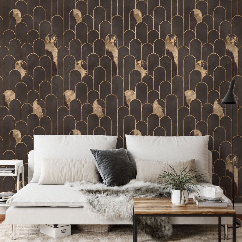 Taupe and Pale Gold Wallpaper, Art Deco Arches Wallpaper. Wenge, Black ...