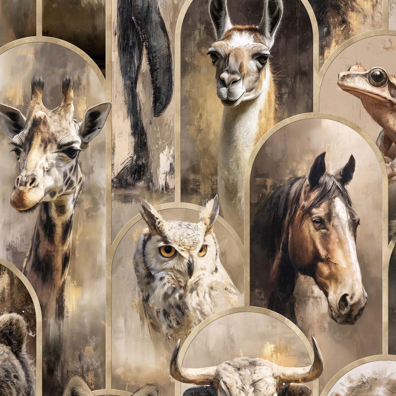 Vintage Wildlife Gallery Wallpaper. Tiger, Bear, Jaguar, Bull, Chimp ...