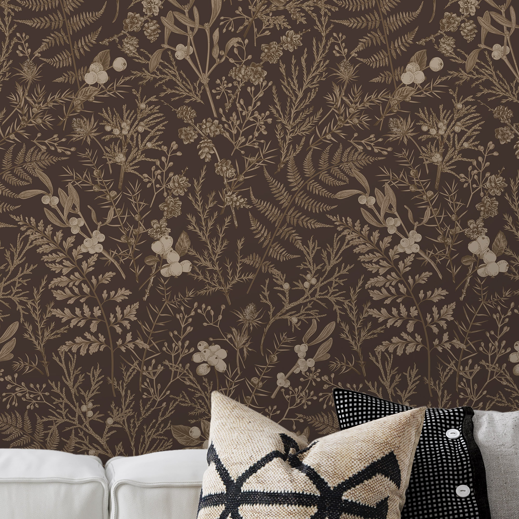 Muted Dark Brown Forest Wallpaper, Vintage Botanical Forest Wallpaper ...