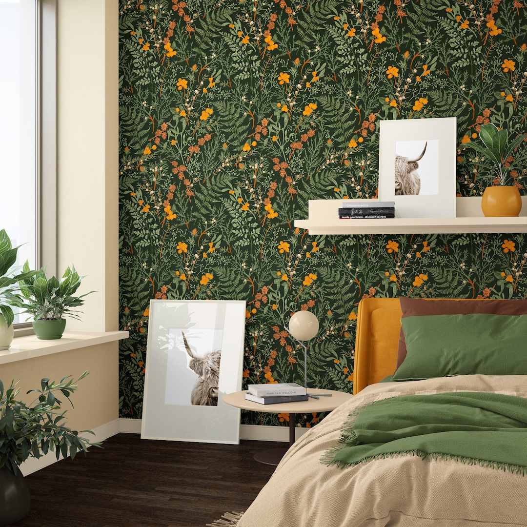 Dark Green and Orange Peel Forest Wallpaper, Vintage Botanical Forest ...