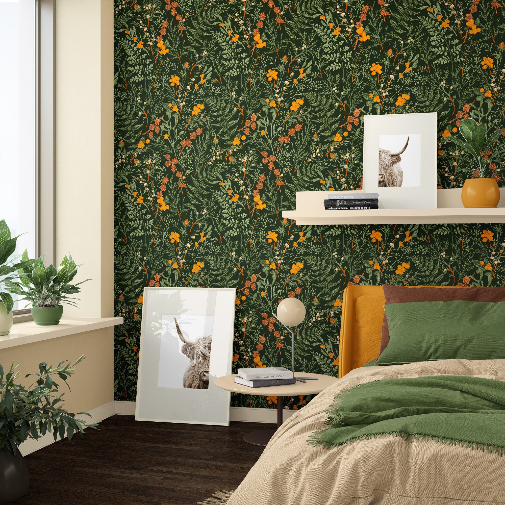 Dark Green and Orange Peel Forest Wallpaper Vintage Botanical Forest Wallpaper. Black Olive Faded Orange and Champagne Color Shades Etsy UK