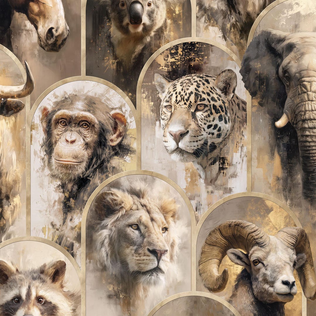 Vintage Wildlife Gallery Wallpaper. Tiger, Bear, Jaguar, Bull, Chimp ...