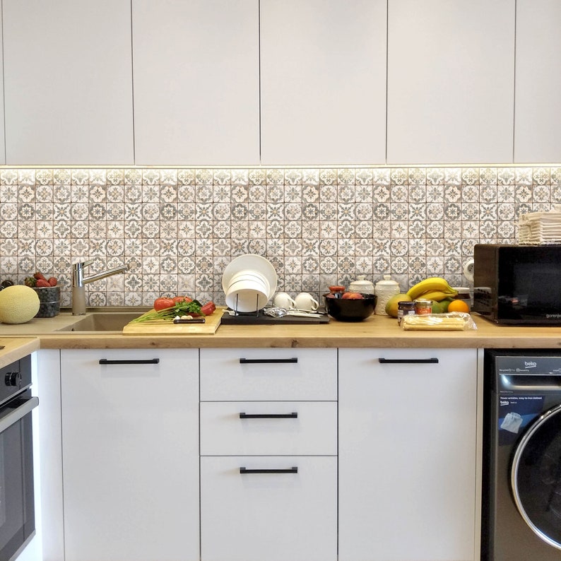 Olive Haze and Antique White Portuguese Tiles Wallpaper, Rustic Tiles ...