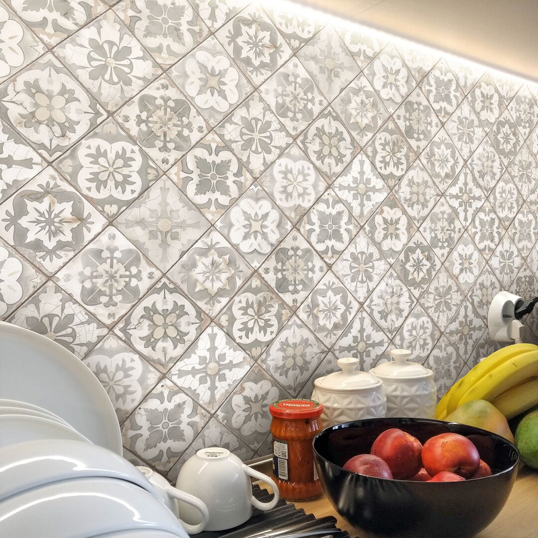 Spanish Gray and Bone Portuguese Tiles Wallpaper, Rustic Tile Wallpaper ...