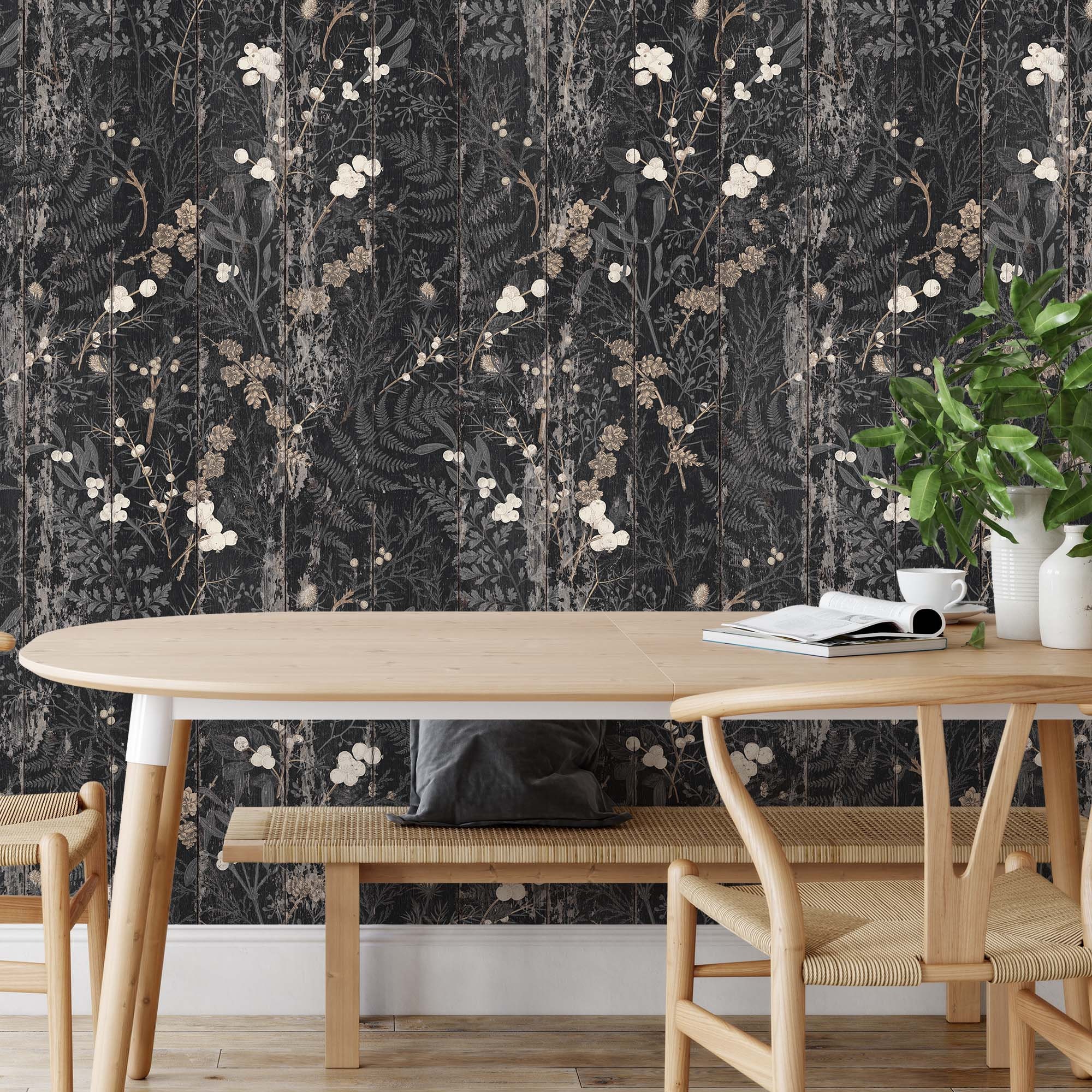 Dark Gray Vintage Forest Rustic Wood Background Wallpaper, Fern Print ...