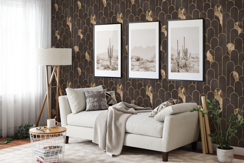 Taupe and Pale Gold Wallpaper, Art Deco Arches Wallpaper. Wenge, Black ...