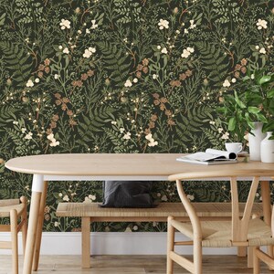 Olive Green Forest Wallpaper, Vintage Botanical Forest Wallpaper. Black ...