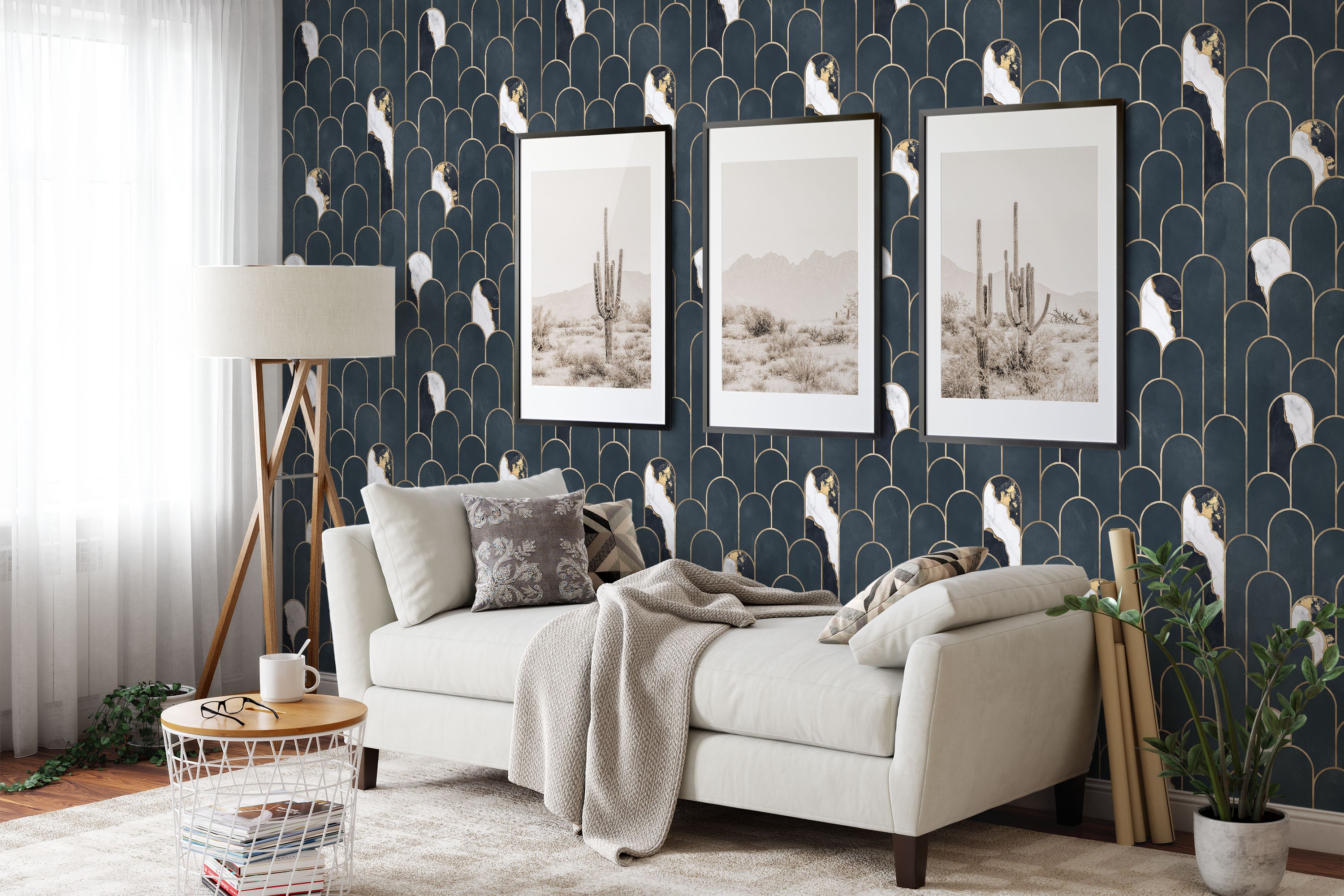 Muted Navy and White Marble Wallpaper, Art Deco Arches Wallpaper. Light ...
