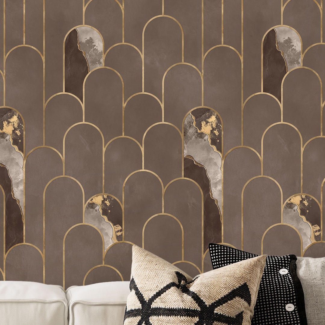 Pale Brown and Pale Gold Wallpaper, Art Deco Arches Wallpaper. Raw ...