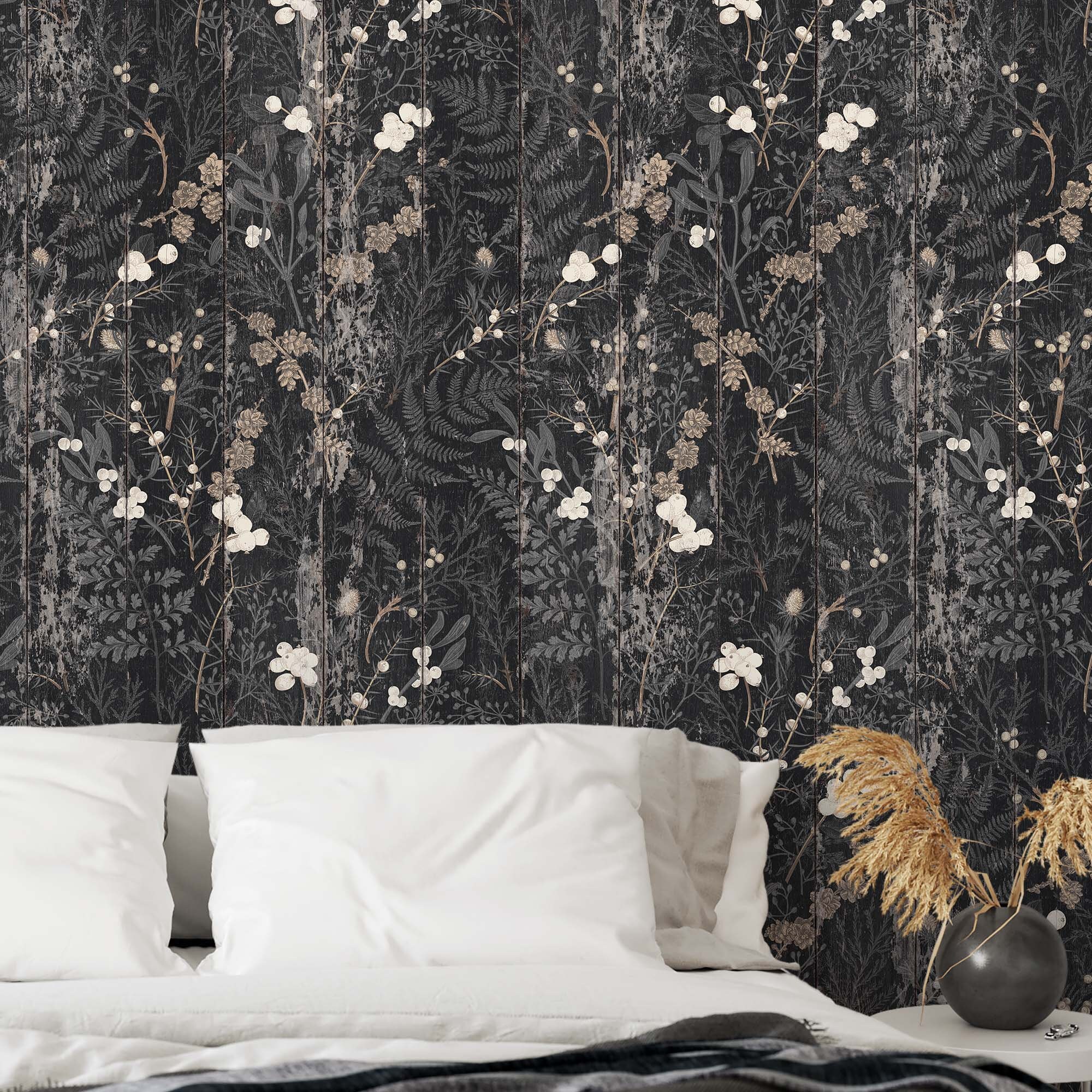 Dark Gray Vintage Forest Rustic Wood Background Wallpaper, Fern Print ...