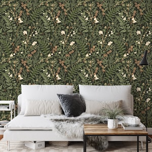 Olive Green Forest Wallpaper, Vintage Botanical Forest Wallpaper. Black ...