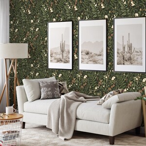 Olive Green Forest Wallpaper, Vintage Botanical Forest Wallpaper. Black ...