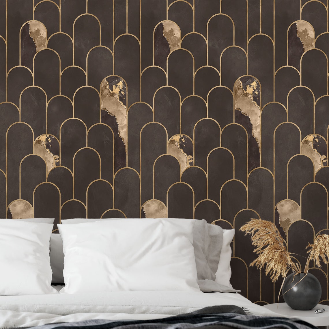 Taupe and Pale Gold Wallpaper, Art Deco Arches Wallpaper. Wenge, Black ...