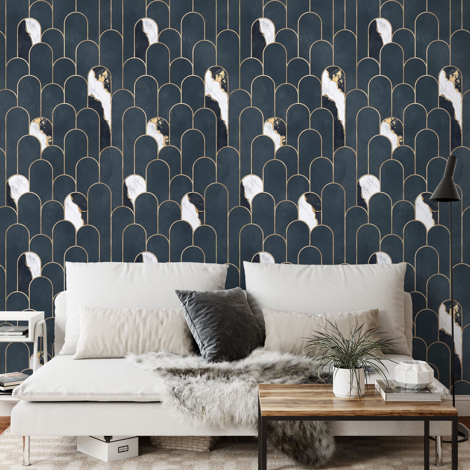 Muted Navy and White Marble Wallpaper, Art Deco Arches Wallpaper. Light ...