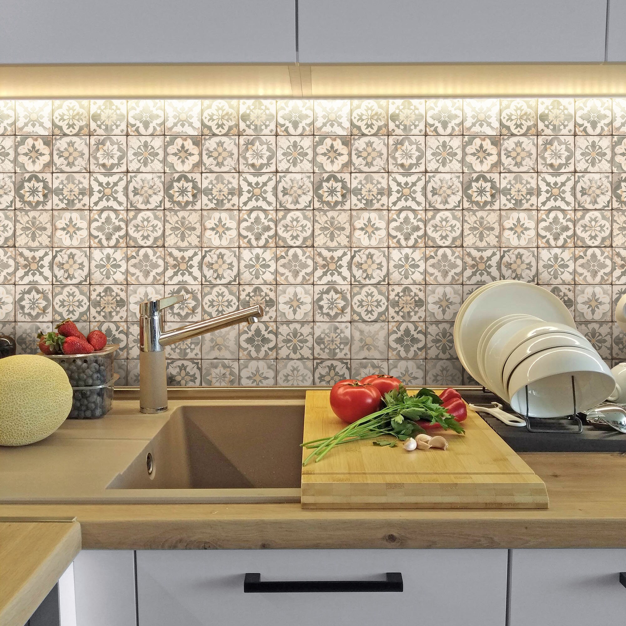 Olive Haze and Antique White Portuguese Tiles Wallpaper, Rustic Tiles ...
