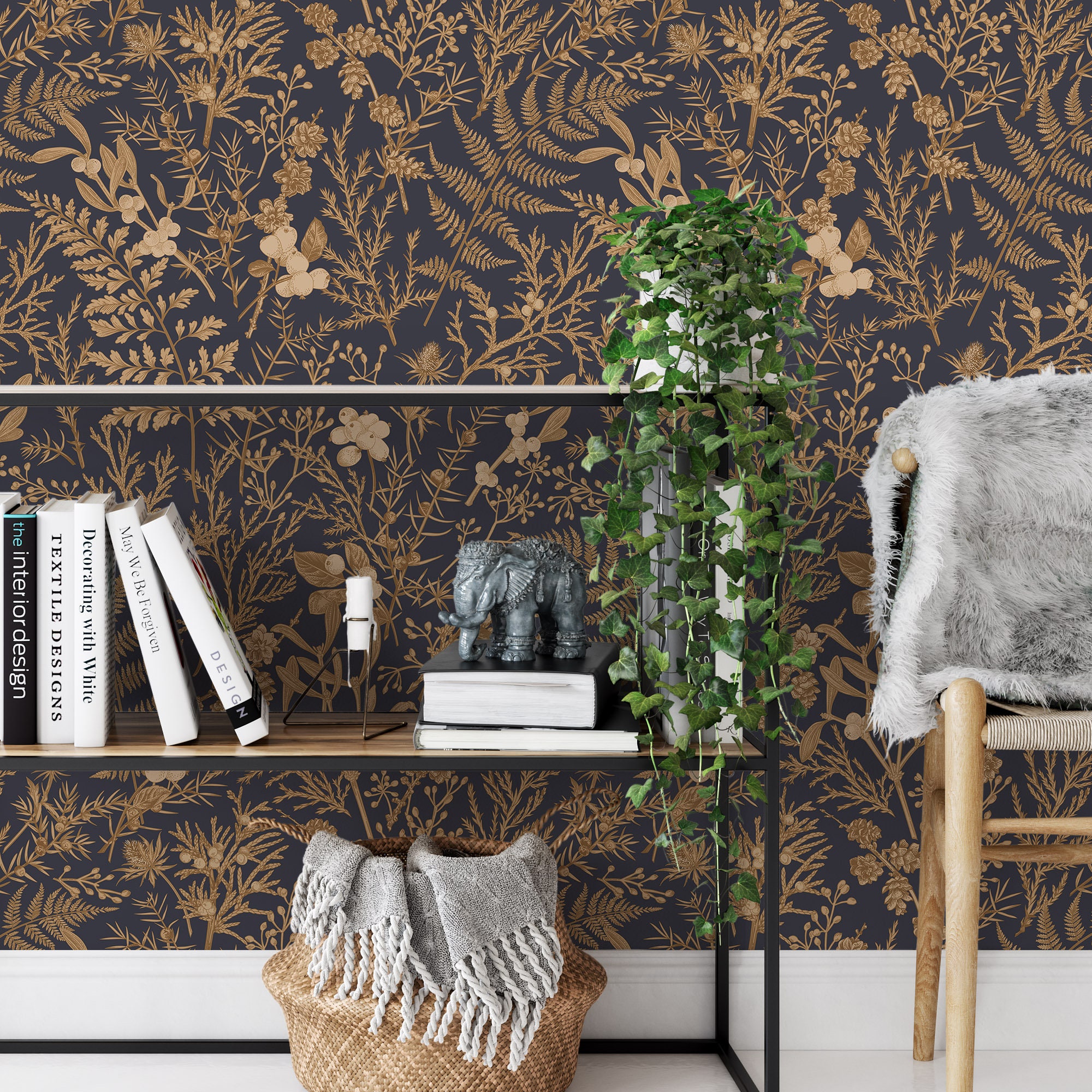 Pale Brown and Dark Blue Forest Wallpaper, Vintage Botanical Forest ...