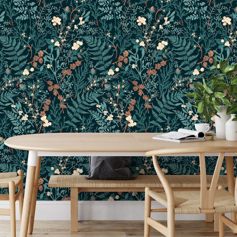Greenish Blue Forest Wallpaper, Vintage Botanical Forest Wallpaper ...