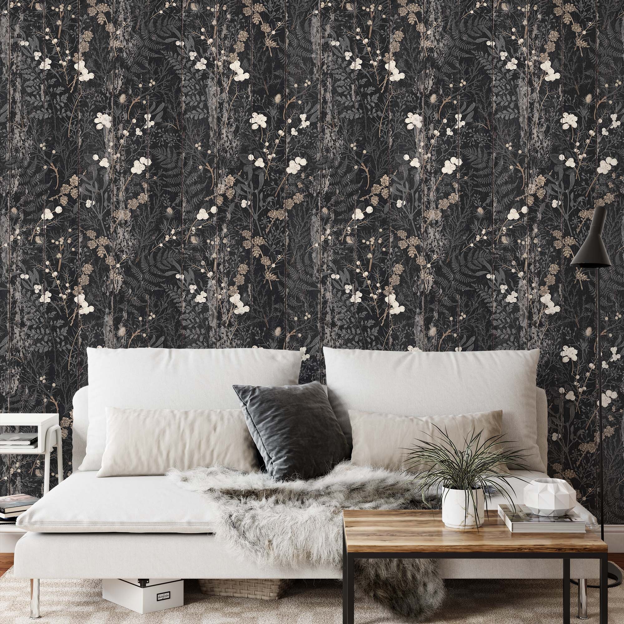 Dark Gray Vintage Forest Rustic Wood Background Wallpaper, Fern Print ...