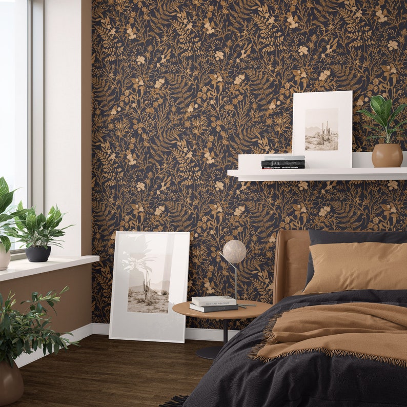 Pale Brown and Dark Blue Forest Wallpaper, Vintage Botanical Forest ...