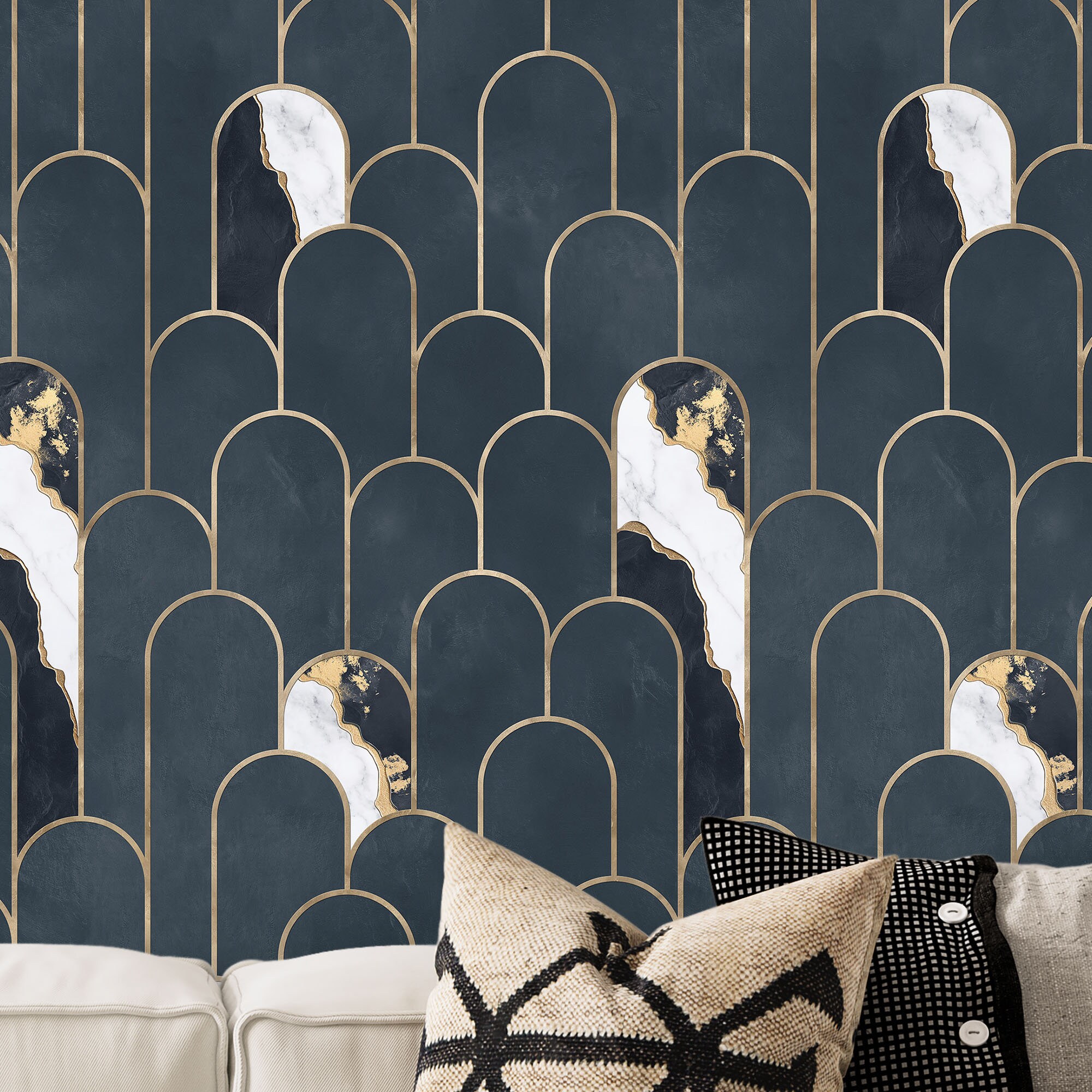 Muted Navy and White Marble Wallpaper, Art Deco Arches Wallpaper. Light ...