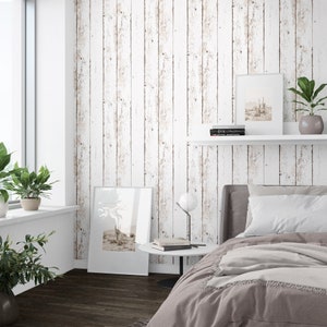 Rustic Wood Wallpaper, White Wood Planks Background Peel and Stick ...