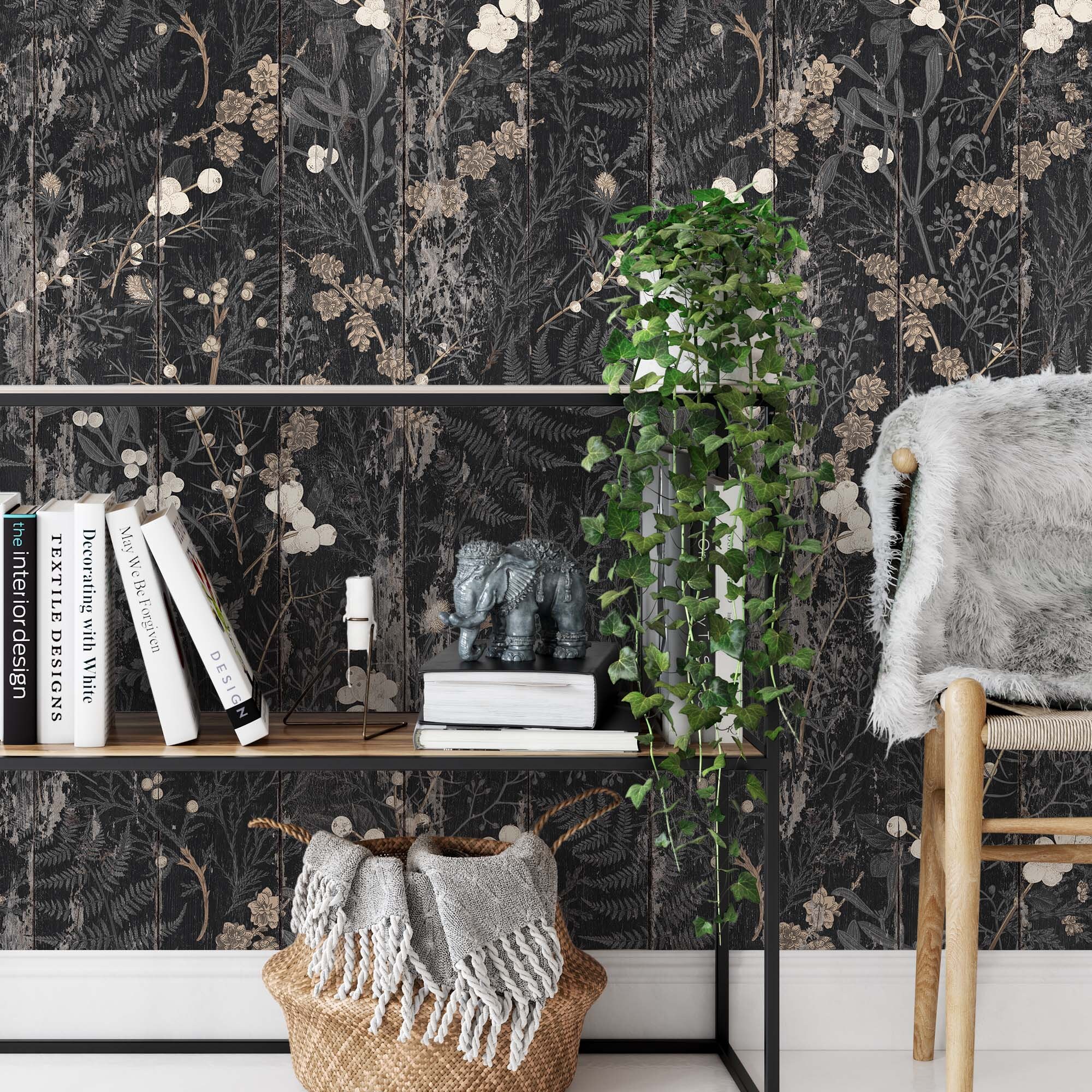 Dark Gray Vintage Forest Rustic Wood Background Wallpaper, Fern Print ...