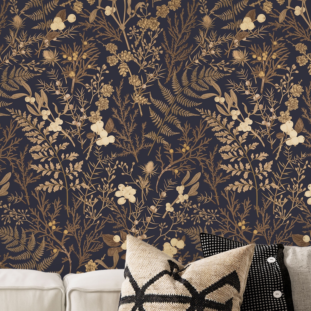 Pale Brown and Dark Blue Forest Wallpaper, Vintage Botanical Forest ...