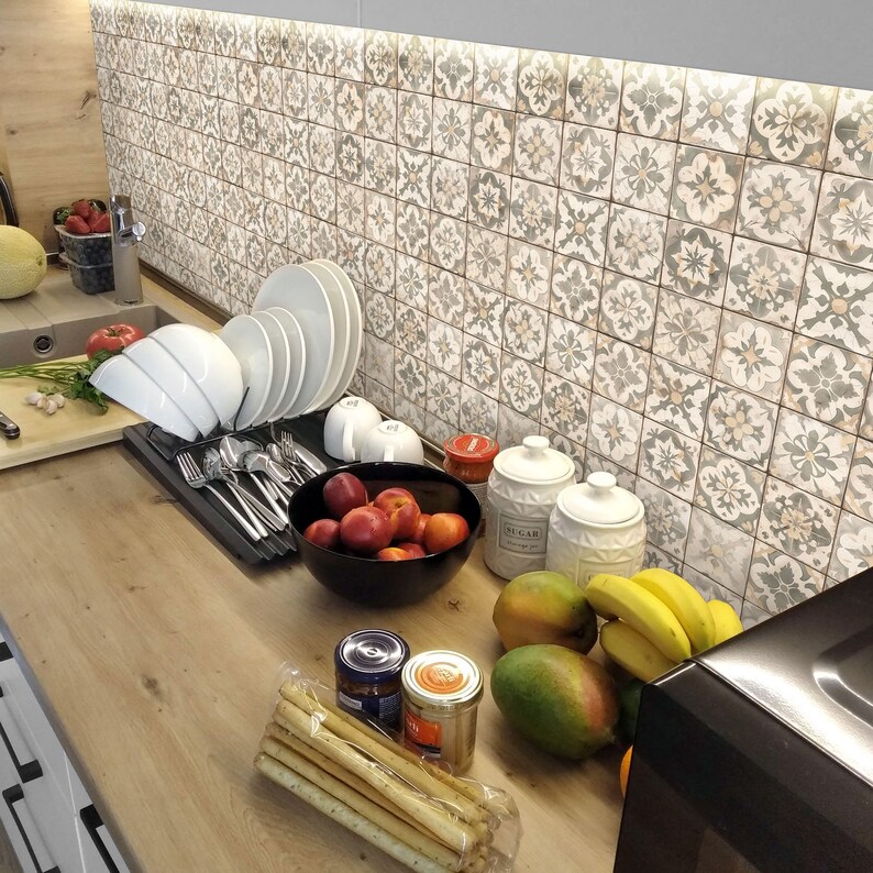Olive Haze and Antique White Portuguese Tiles Wallpaper, Rustic Tiles ...