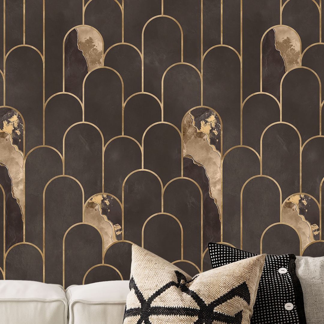 Taupe and Pale Gold Wallpaper, Art Deco Arches Wallpaper. Wenge, Black ...