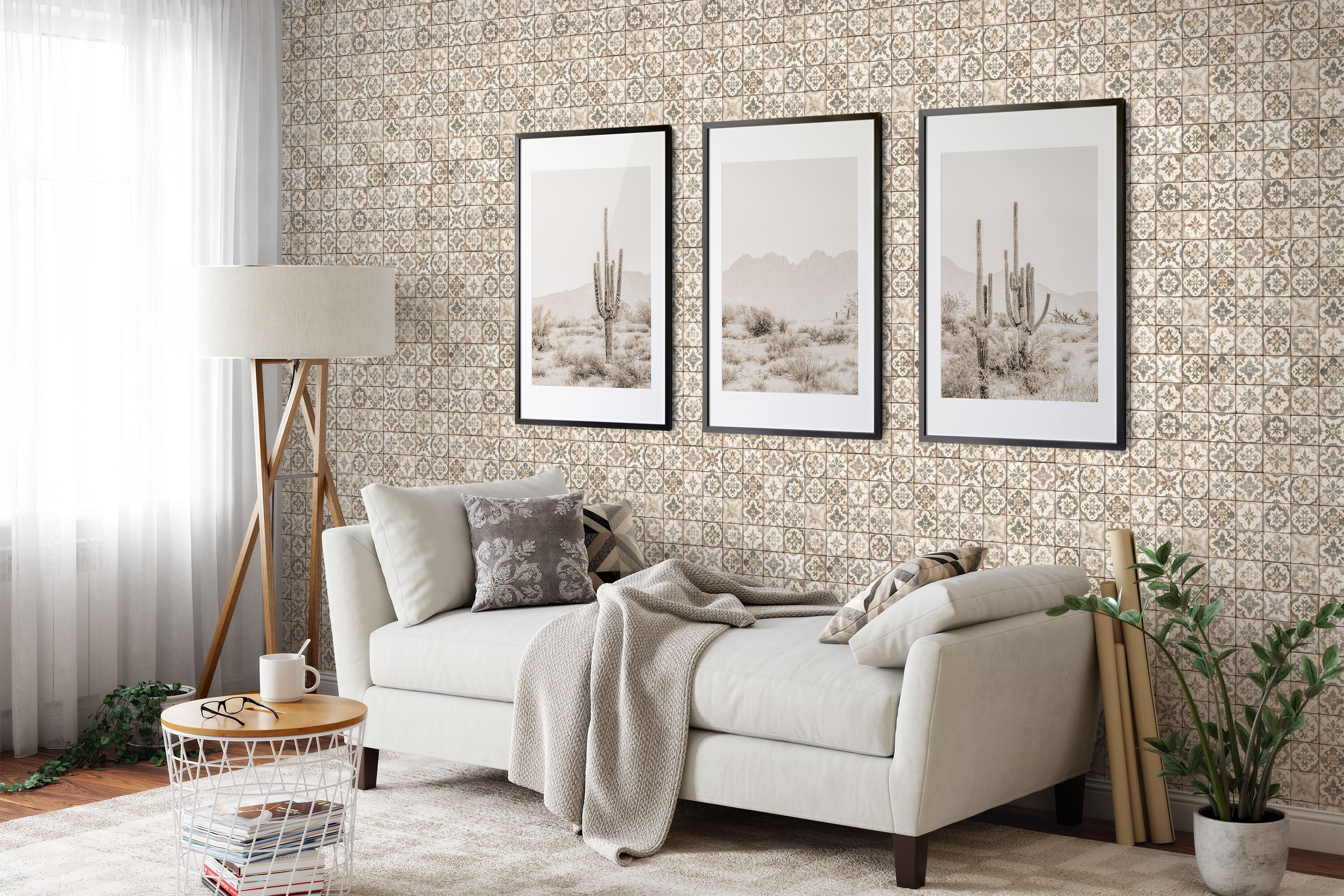 Olive Haze and Antique White Portuguese Tiles Wallpaper, Rustic Tiles ...
