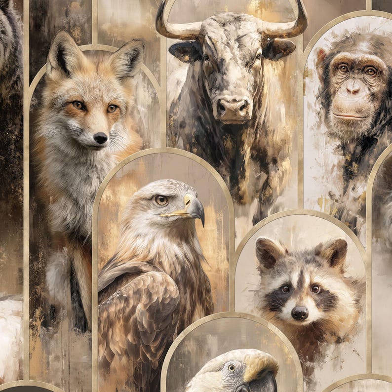 Vintage Wildlife Gallery Wallpaper. Tiger, Bear, Jaguar, Bull, Chimp ...