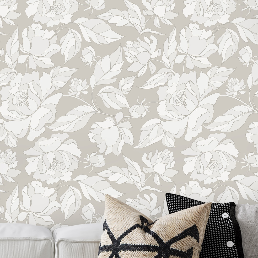 Pastel Grey Peony Wallpaper, Neutral Floral Wallpaper. Platinum ...