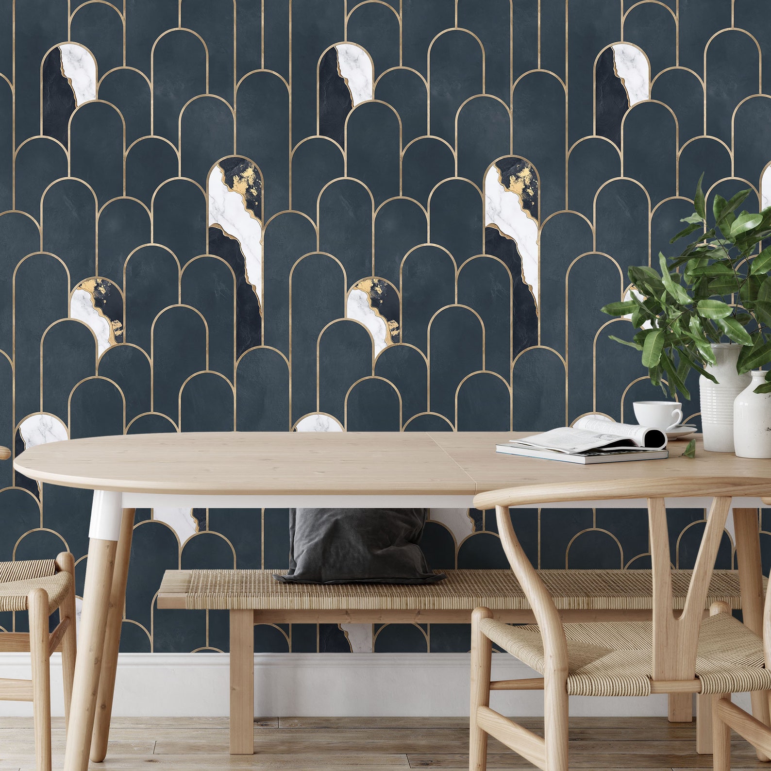 Muted Navy and White Marble Wallpaper, Art Deco Arches Wallpaper. Light ...